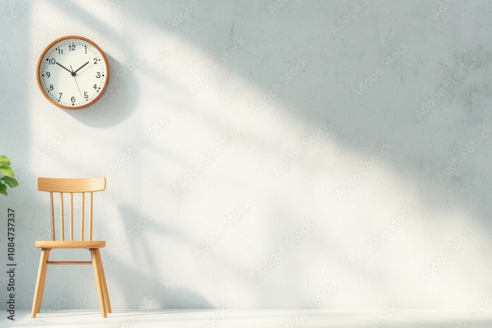 A simple, serene indoor scene featuring a wooden chair, a clock, and ...