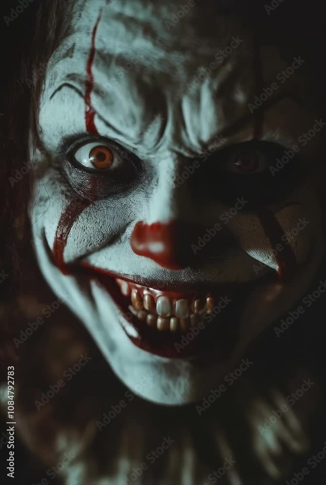Creepy evil clown scary smiling on dark background. Halloween carnival ...