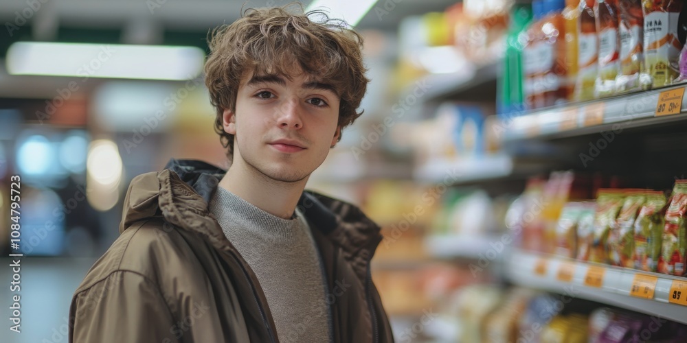 A young man stands in a grocery store aisle. He looks thoughtful and ...
