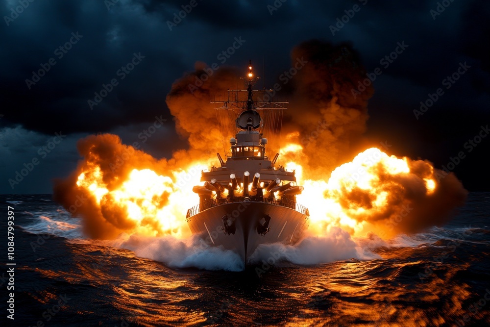 Naval battleship firing cannons during a storm, dramatic waves and ...