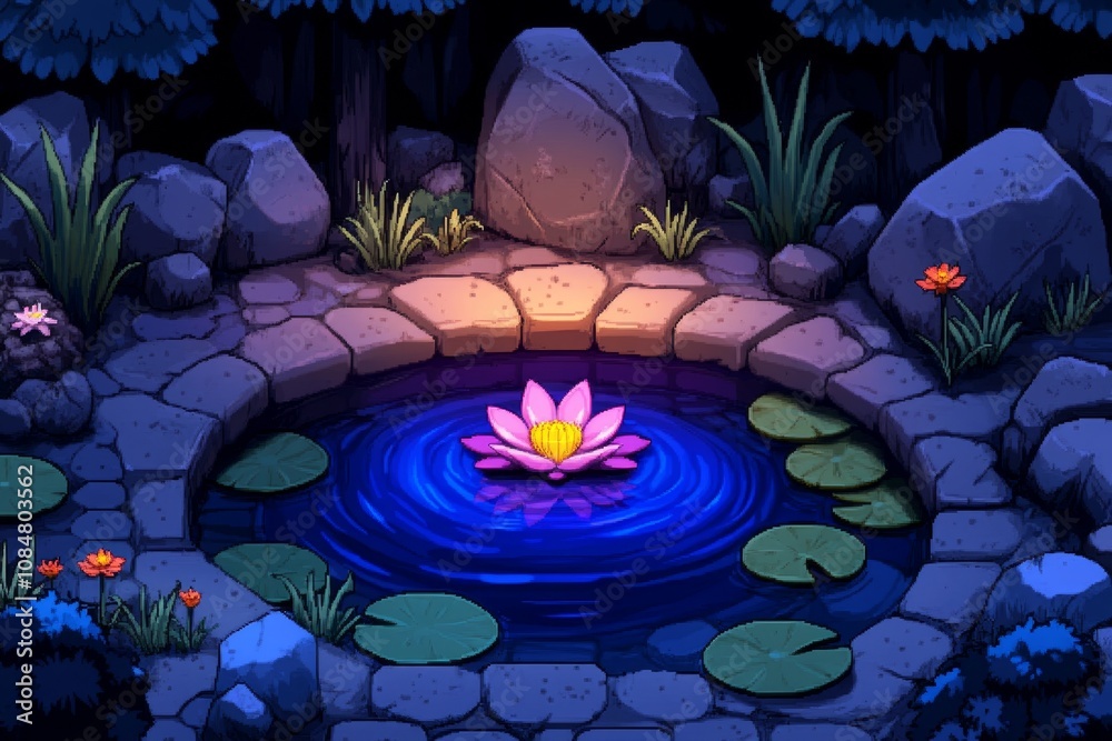 Pixel art of a small pond with ripples and lily pads, bright colors in ...