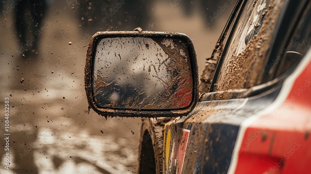 A close-up view of a muddy side mirror from a rally car, highlighting ...
