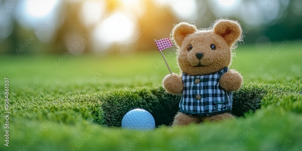 Funny golf scene concept. Teddy bear dressed in checkered outfit ...