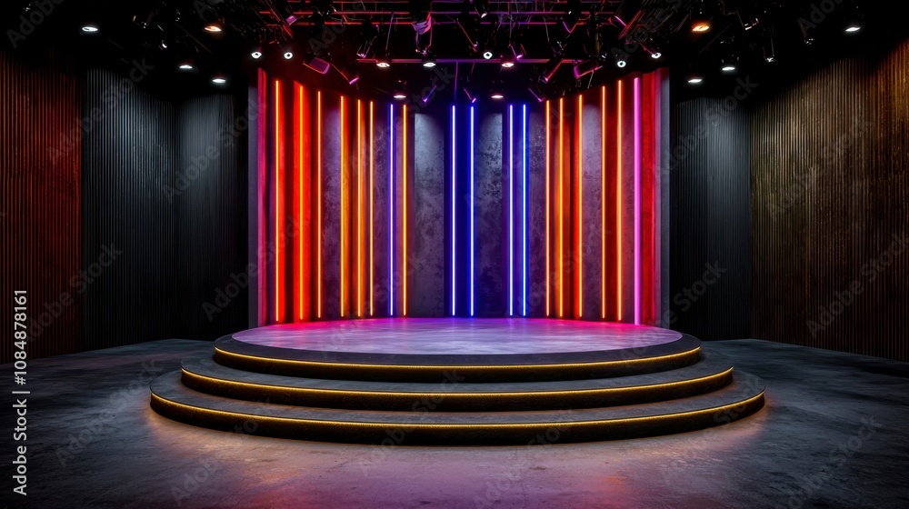 Brightly lit stage with colorful lights, perfect for performances and ...