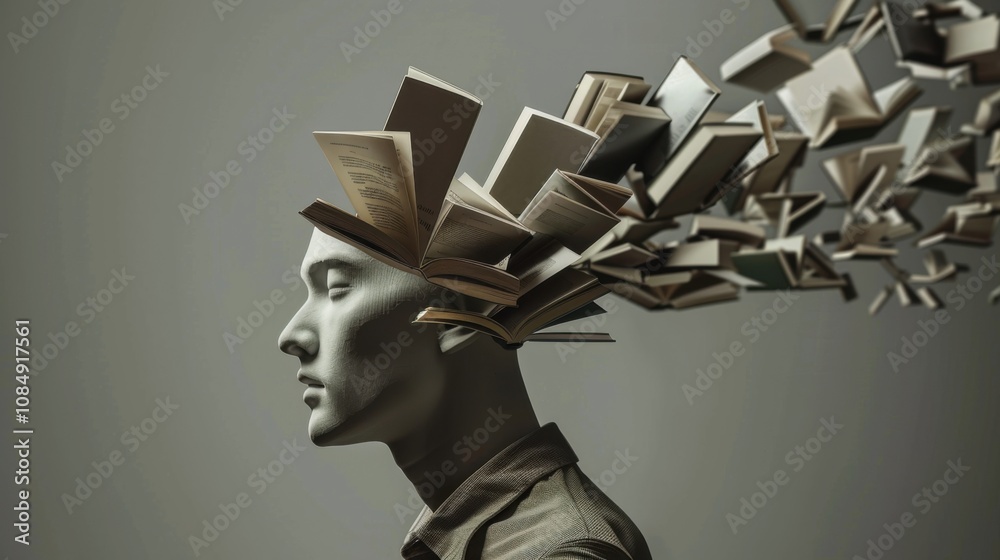 Half-bust with an open head from which books are floating out, on a ...