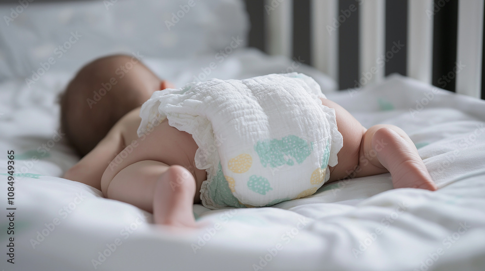 Little baby in diaper crawling in crib, back angle Stock Photo | Adobe ...