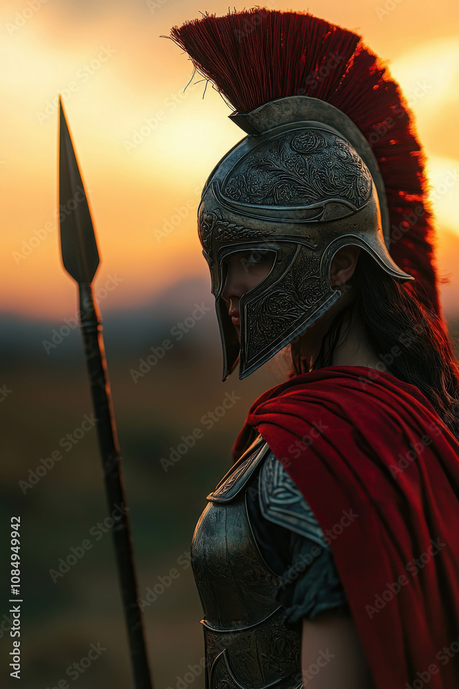 Dramatic Side Profile of a Female Warrior in Ancient Armor with ...