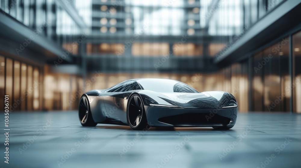 Sleek modern car with an office building backdrop, blurred for focus on ...