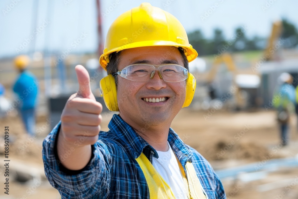 Smiling construction worker with a yellow hard hat and ear protection ...