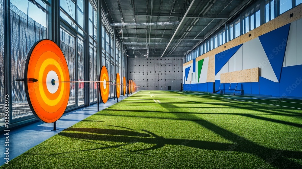 A vibrant archery range in a modern sports complex, Archery equipment ...