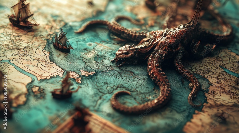 An ancient octopus emerges from a mystical sea map. Ships sail near its ...