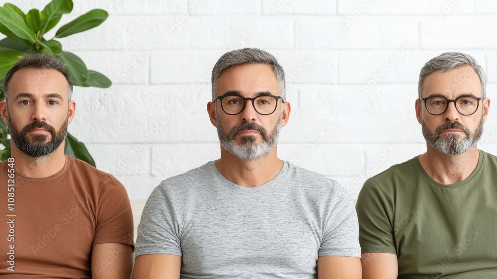 Situation Therapy Concept. Three middle-aged men with gray hair and ...