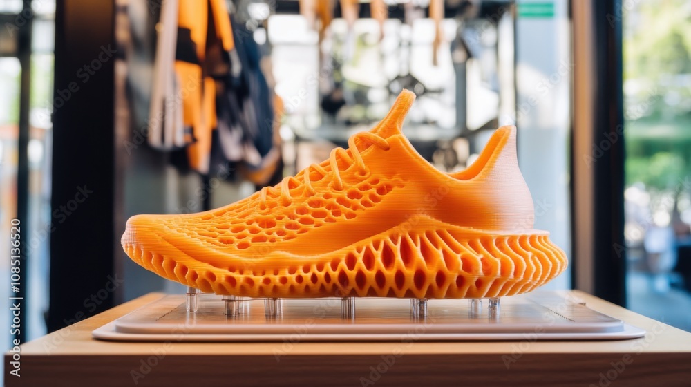 Bright Orange Running Shoe Model Displayed in a Modern Retail ...