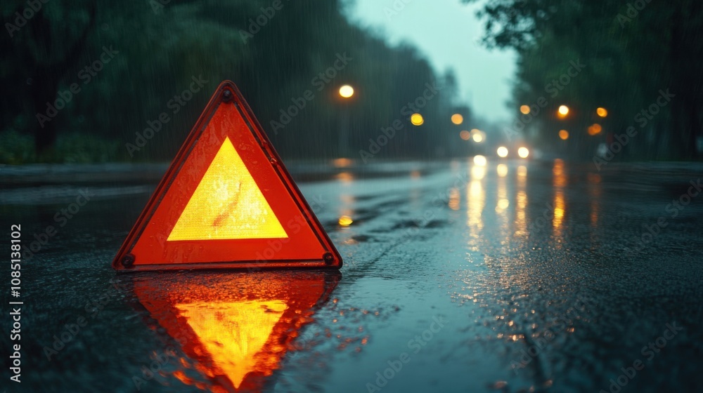 Warning Triangle on Wet Road at Night with Raindrops, Illuminated by ...