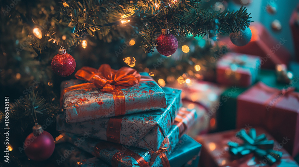 A stack of beautifully wrapped Christmas presents under the tree with ...