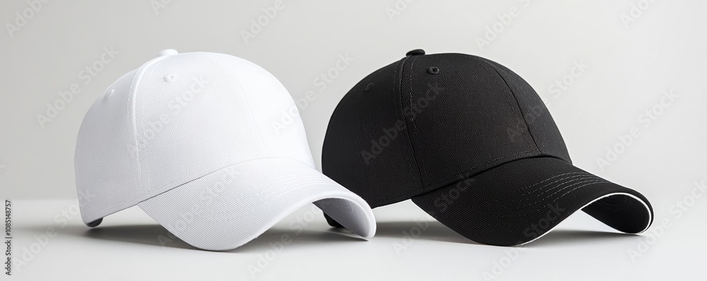 Plain black and white caps front-facing, simple style for customization ...