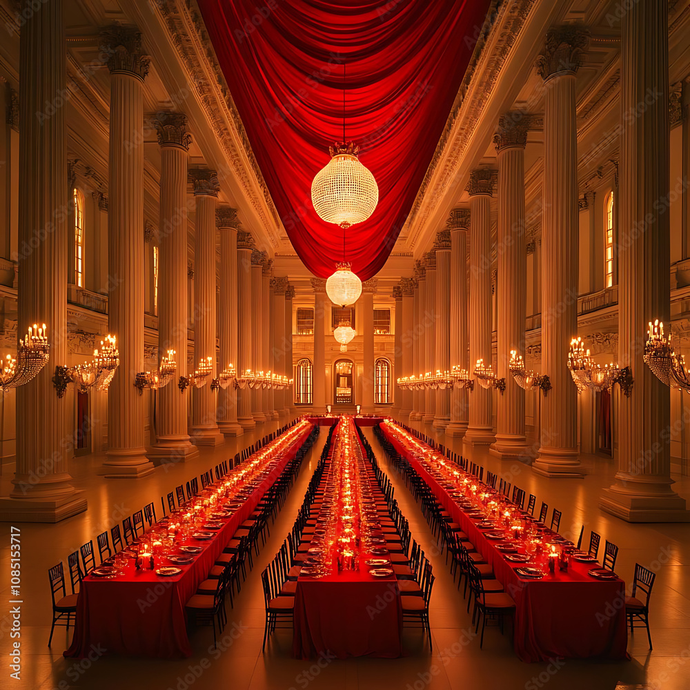 grand hall with elegant red decor and long dining tables, creating ...