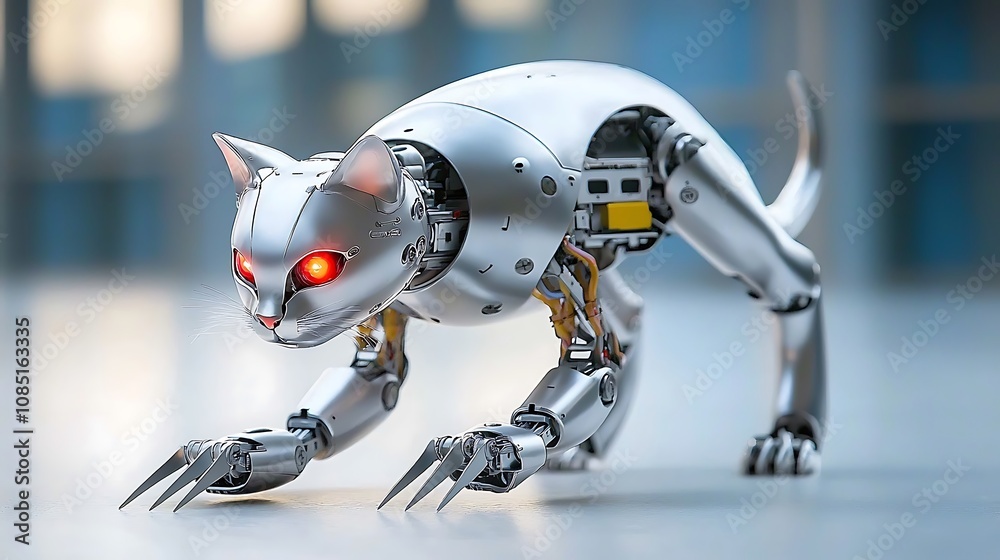 Metal cat is a robot cat made entirely out of shining silver metal ...