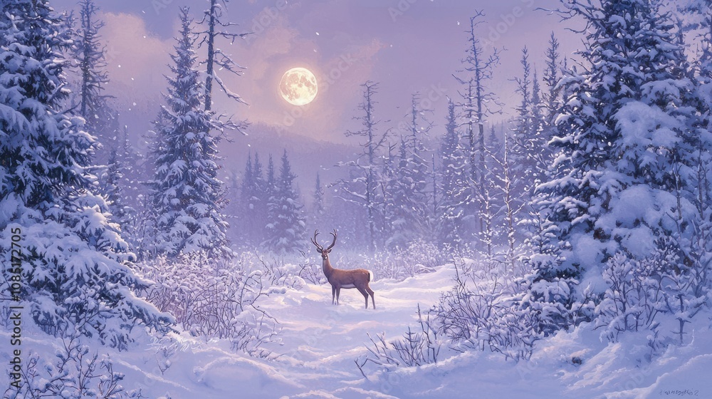 Majestic deer in a snowy landscape at night winter wonderland nature ...
