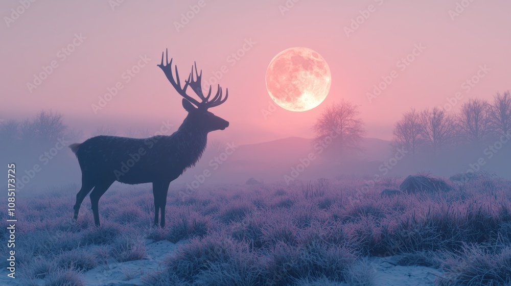 Majestic stag silhouette against full moon misty landscape nature ...