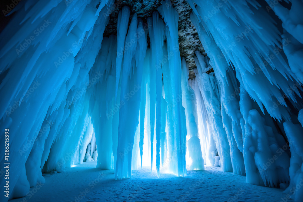 Foto de Large shimmering icicle forming from the roof down to the ...