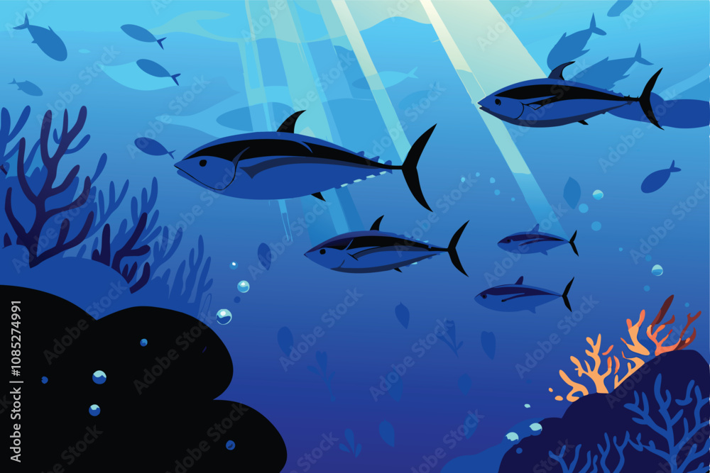 Render a photorealistic underwater scene showcasing vibrant coral reefs ...