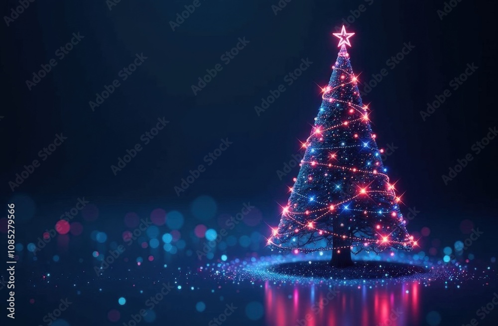 Modern futuristic digital holographic holiday tree in virtual reality ...