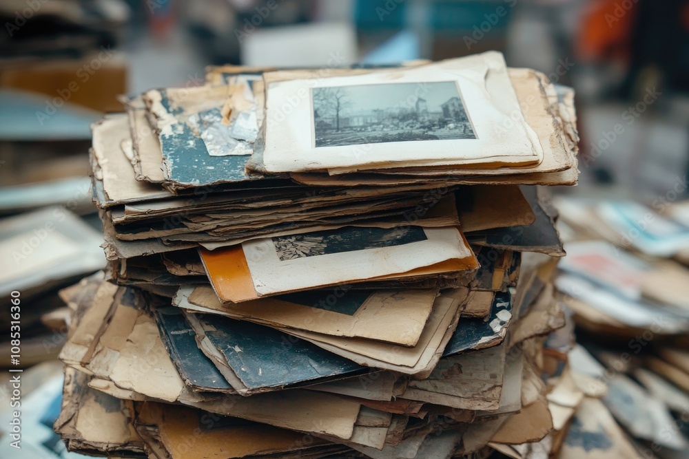 Stack of vintage photos showing urban landscape preserving memories of ...