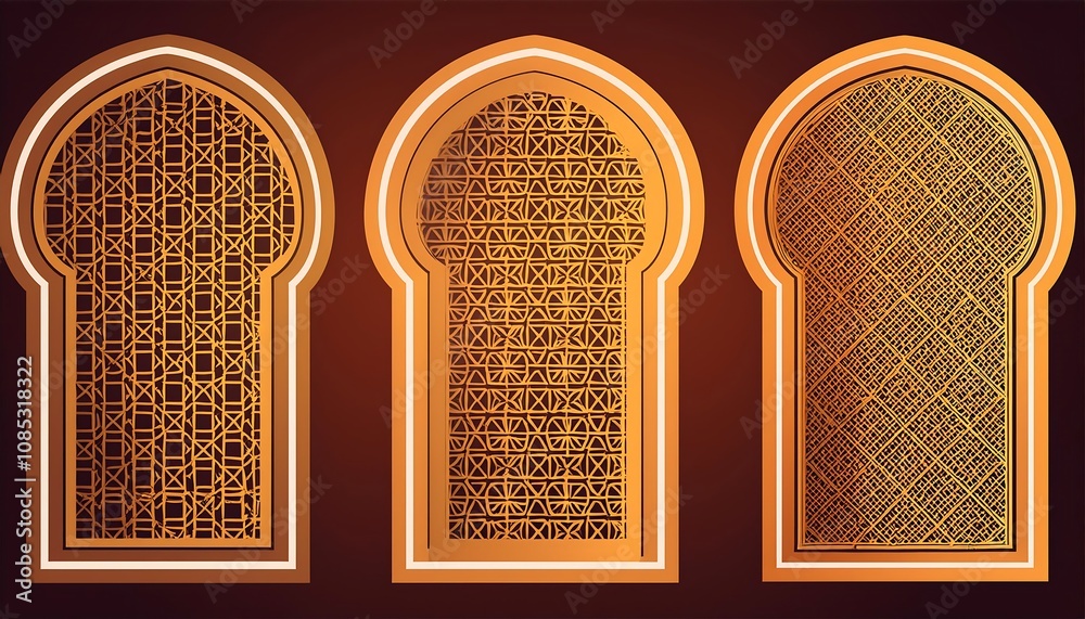 Islamic door and Arabic window arch designs in warm colors, part of an ...