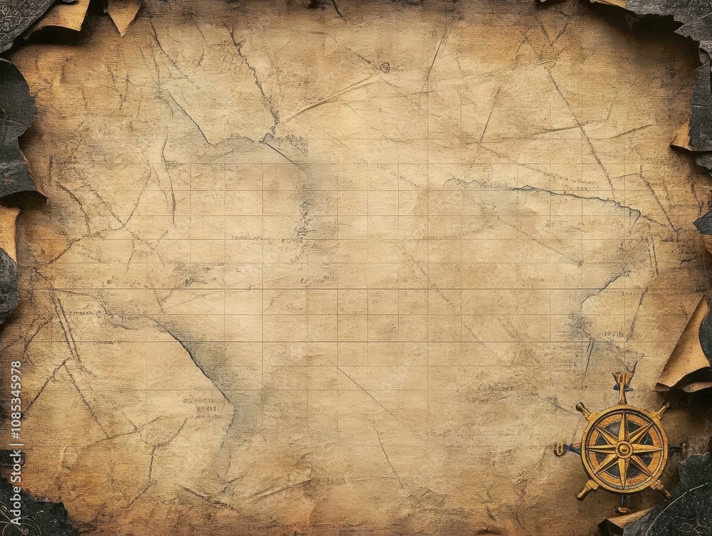Vintage Aged Map Background with Nautical Compass Design for Adventure ...