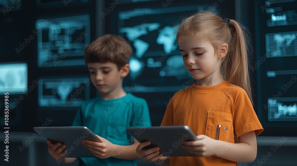 Kids exploring virtual maps on tablets side view with landmarks ...