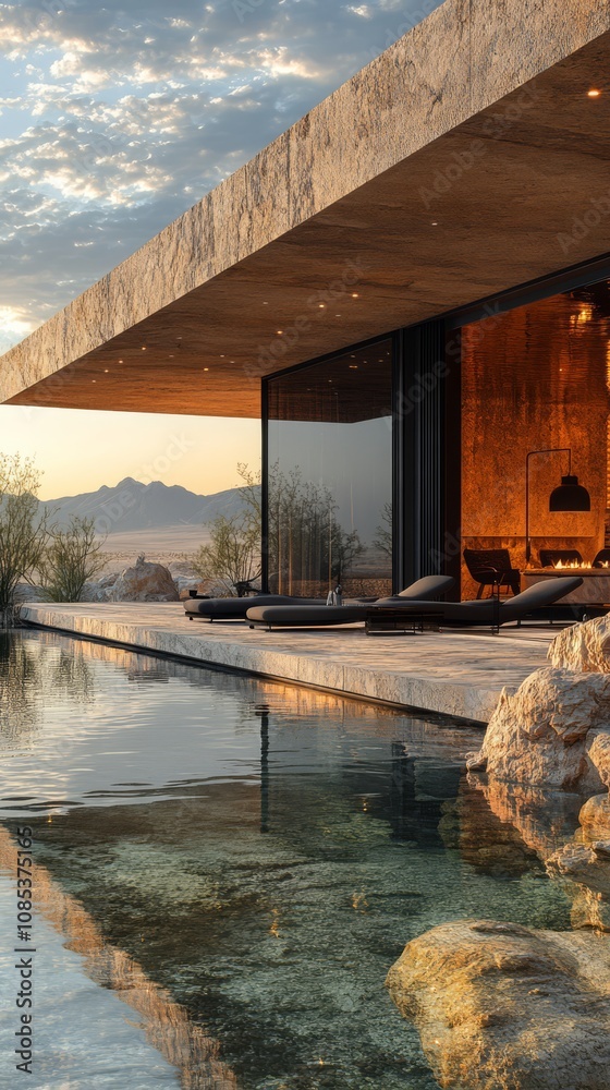 Modern Desert Oasis: A stunning contemporary home nestled in the desert landscape, featuring a ...