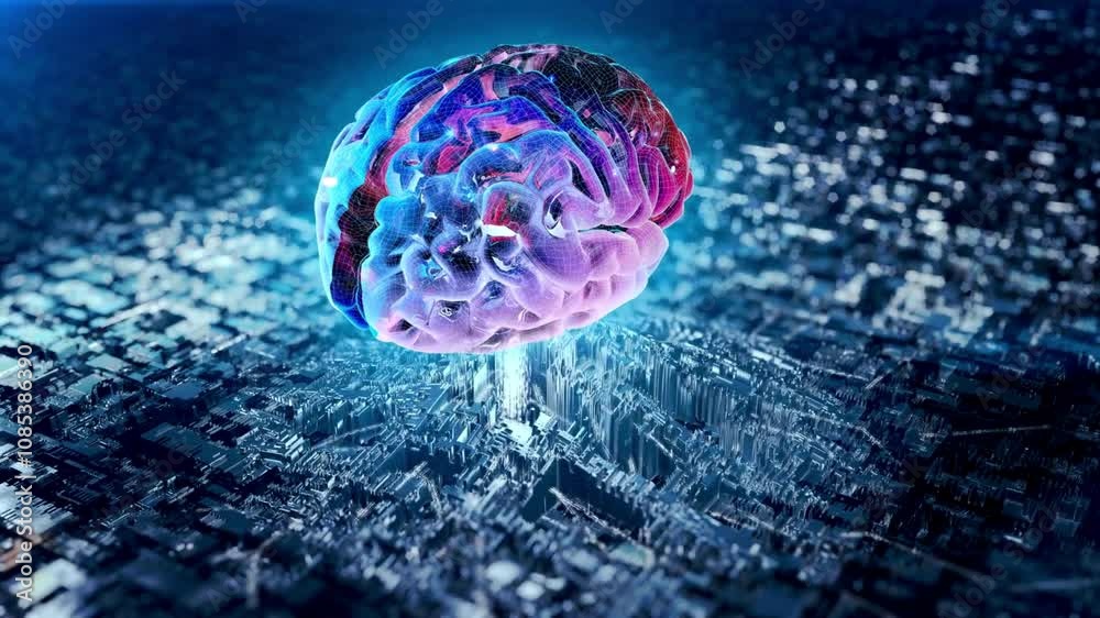 Holographic brain transferring data to motherboard, futuristic AI tech ...