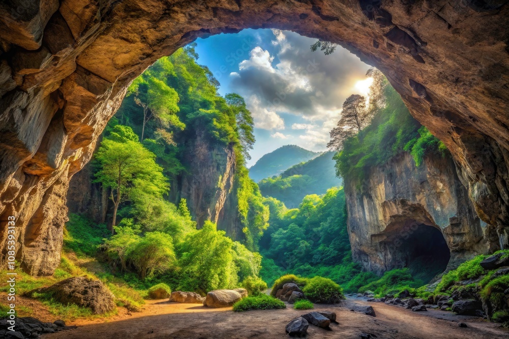 Panoramic View of a Majestic Stone Cave Entrance with Grotto Tunnel and ...