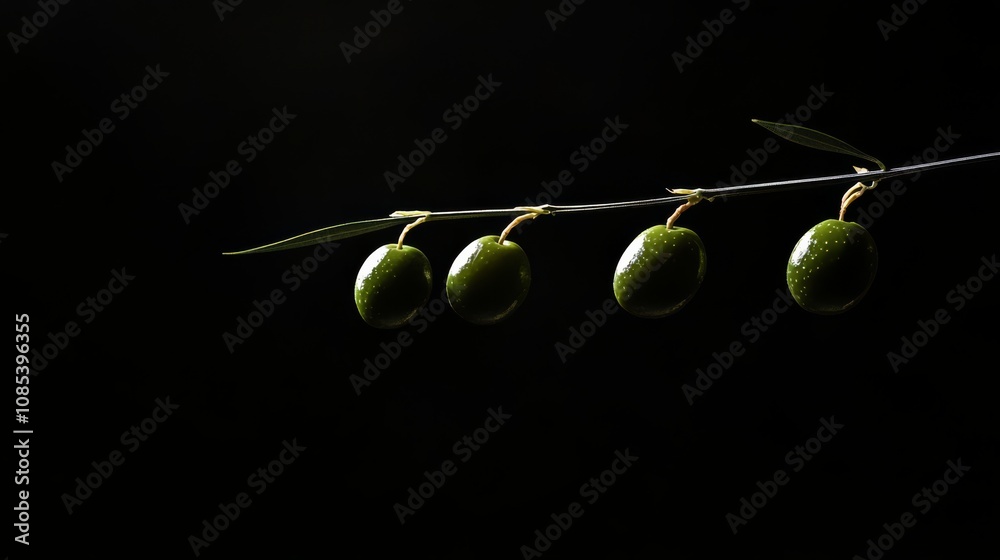 Olive Branch Still Life: Four ripe green olives on a branch against a ...