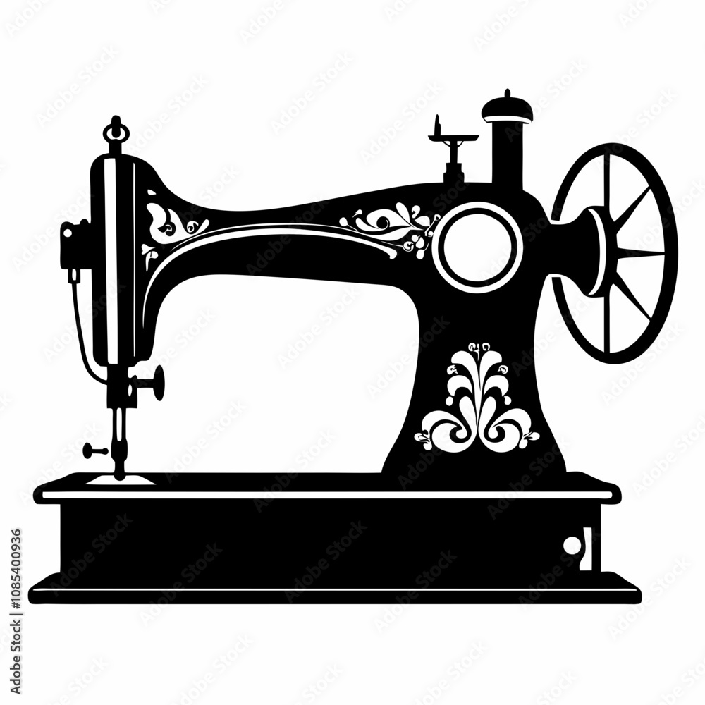 Vintage Sewing Machine Silhouette. A high-contrast black and white ...