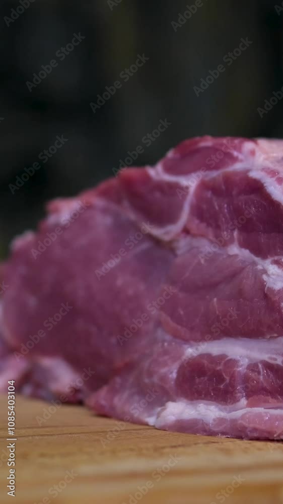 The raw pork neck slice. The camera zooms in, revealing the intricate ...