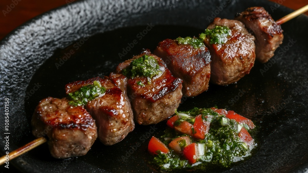 Brazilian churrasco pork, skewered and grilled over open flames, served ...