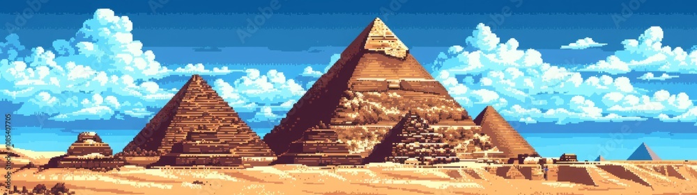 Pixel art illustration of Egyptian pyramids in the desert under a ...