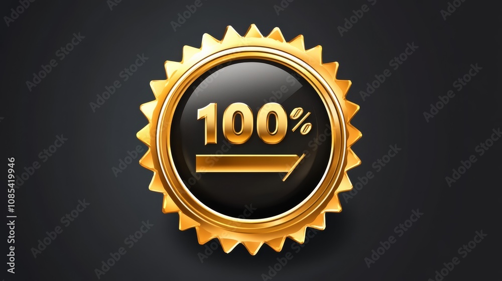 Gold 100% Badge: A gleaming golden badge with a black center and a bold ...