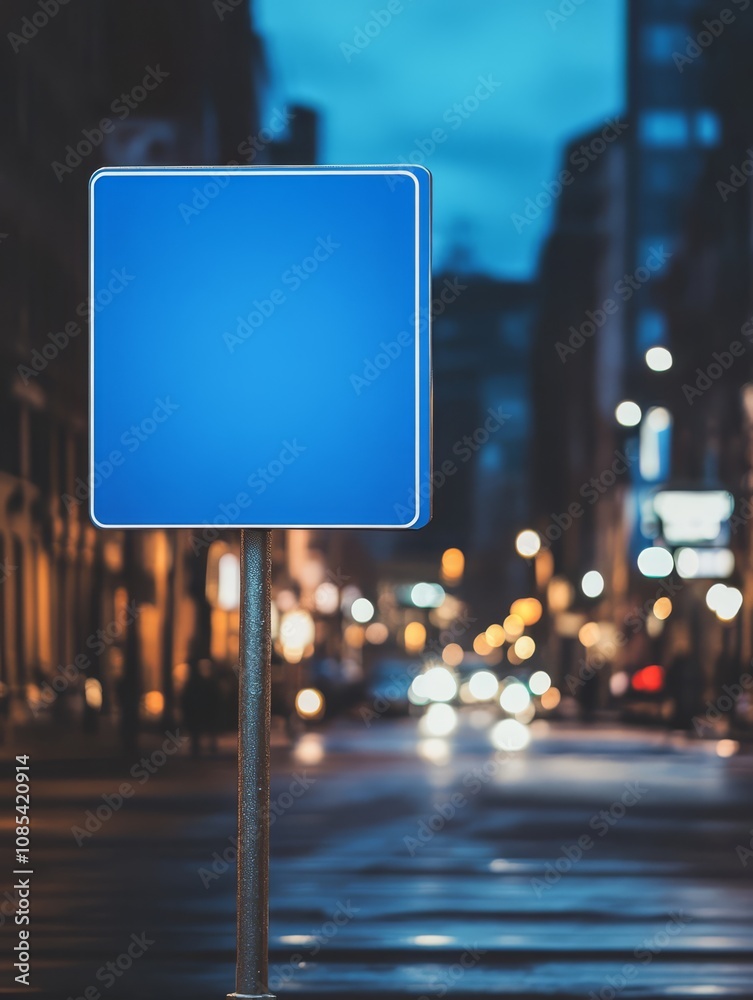 Night City Blank Sign: A vibrant blue square sign stands prominently on ...