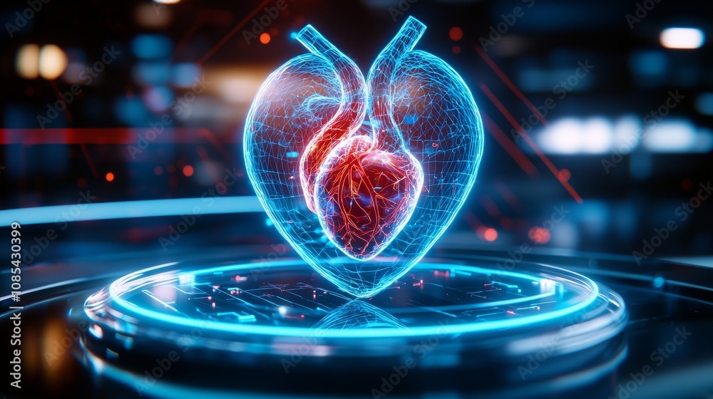 Futuristic hologram of human heart in x-ray style, blue neon lights ...