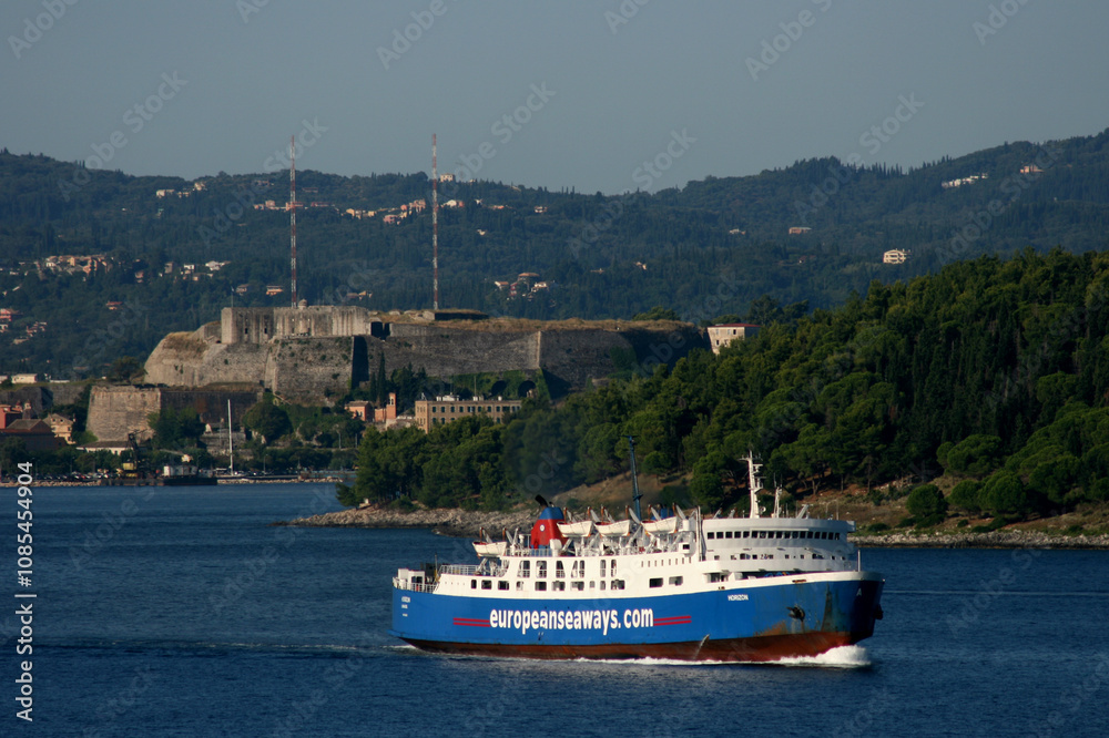 Horizon, European Seaways ferry heads away from the port at Corfu Town ...