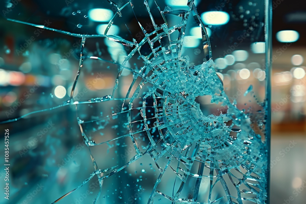 Broken glass of showcase or storefront window in shopping mall. Neural ...