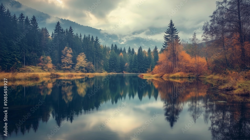 Beautiful autumn landscape with a forest and lake in the mountains, a ...