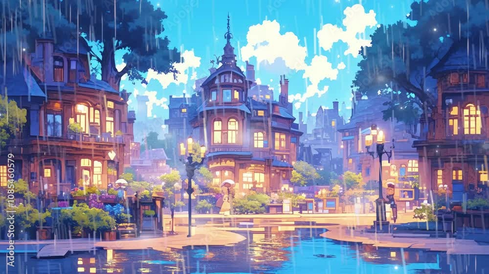 Experience the magic of a rainy evening as lights twinkle and ...