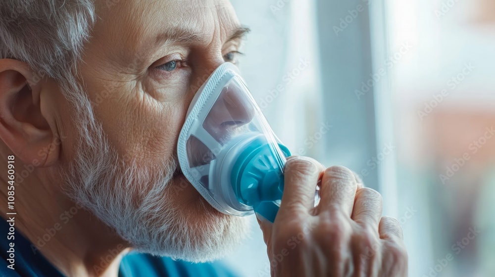 Senior person with asthma inhaling medication using an inhaler mask for ...