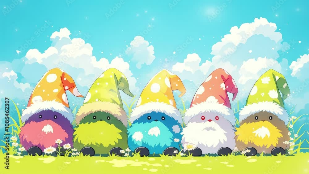 Five playful, vibrant beings share a joyful moment in a sunny, magical ...