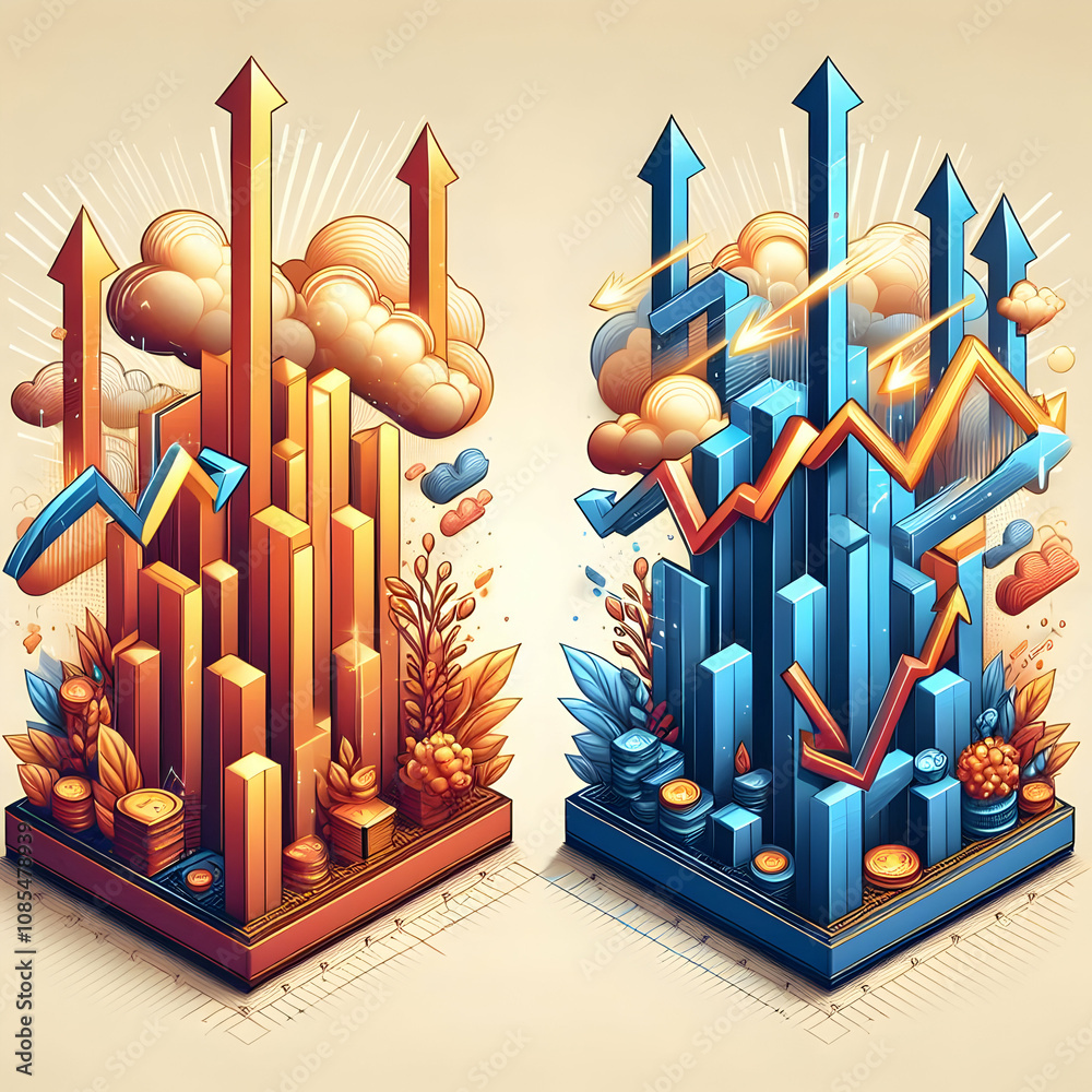 Dual bar charts with arrows showing profit and loss concept as Isolated ... Dual bar charts with arrows showing profit and loss concept as Isolated ...