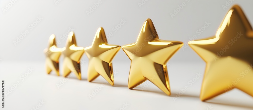 Row of 3D gold stars on white background in perspective. Premium rating ...